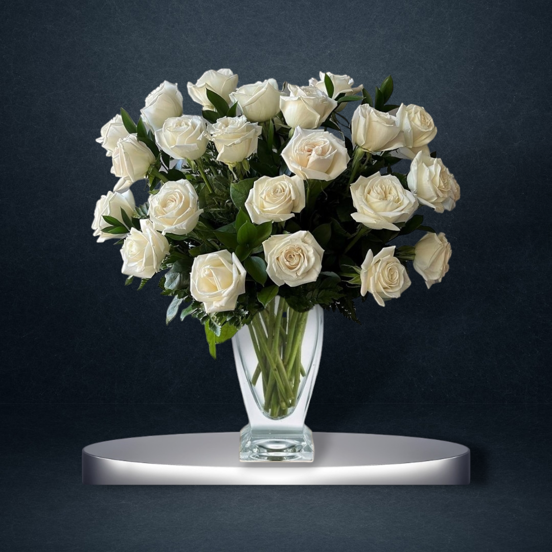 White Roses In Vase - 25 Stems - Million Flowers